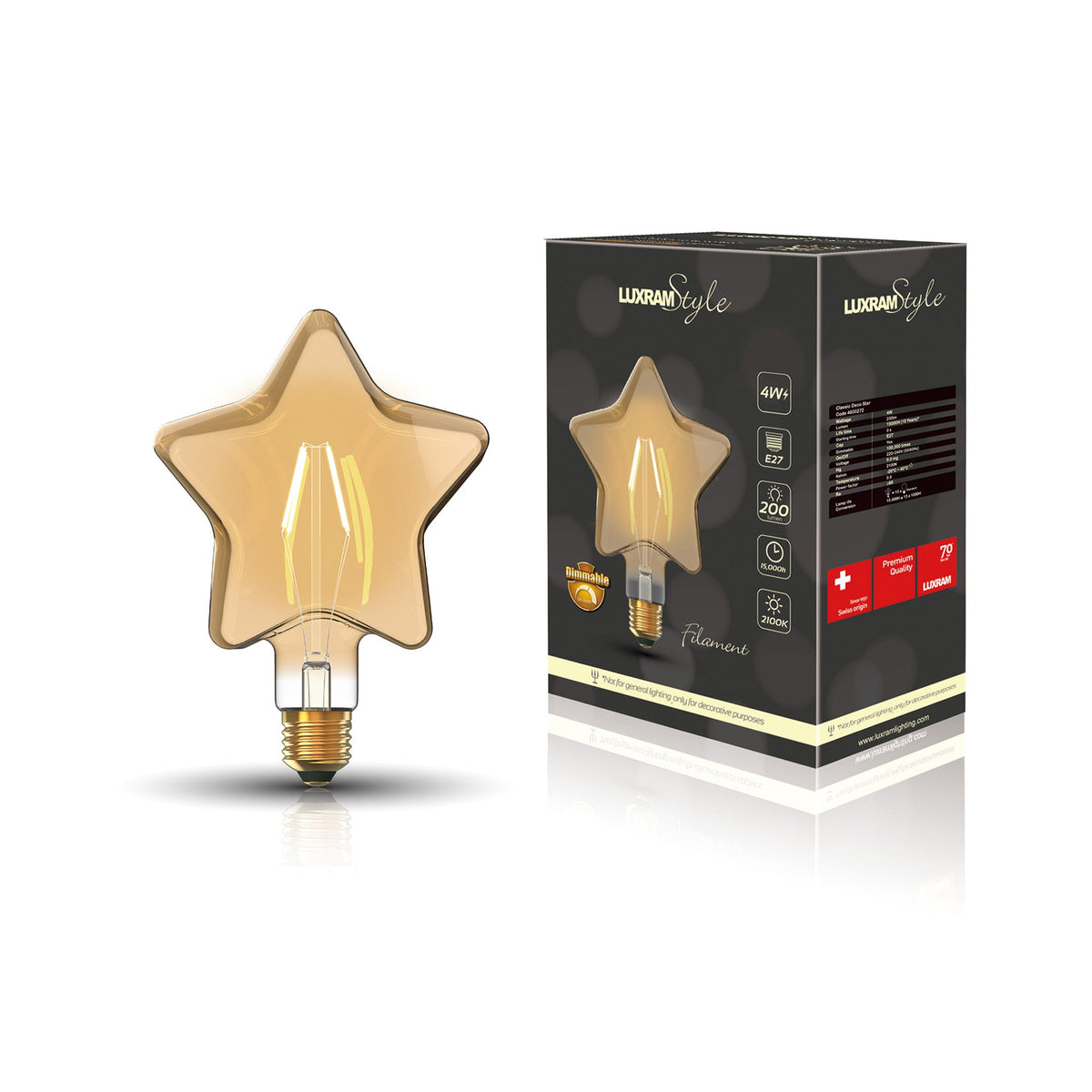 Luxram Classic Style LED Star E27 Dimmable 220-240V 4W 2100K, 200lm, A ...
